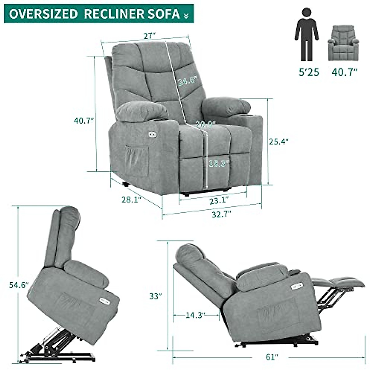 YITAHOME Electric Power Lift Recliner Chair for Elderly, Fabric Recliner Chair with Massage and Heat, Spacious Seat, USB Ports, Cup Holders, Side Pockets, Remote Control (Grey)