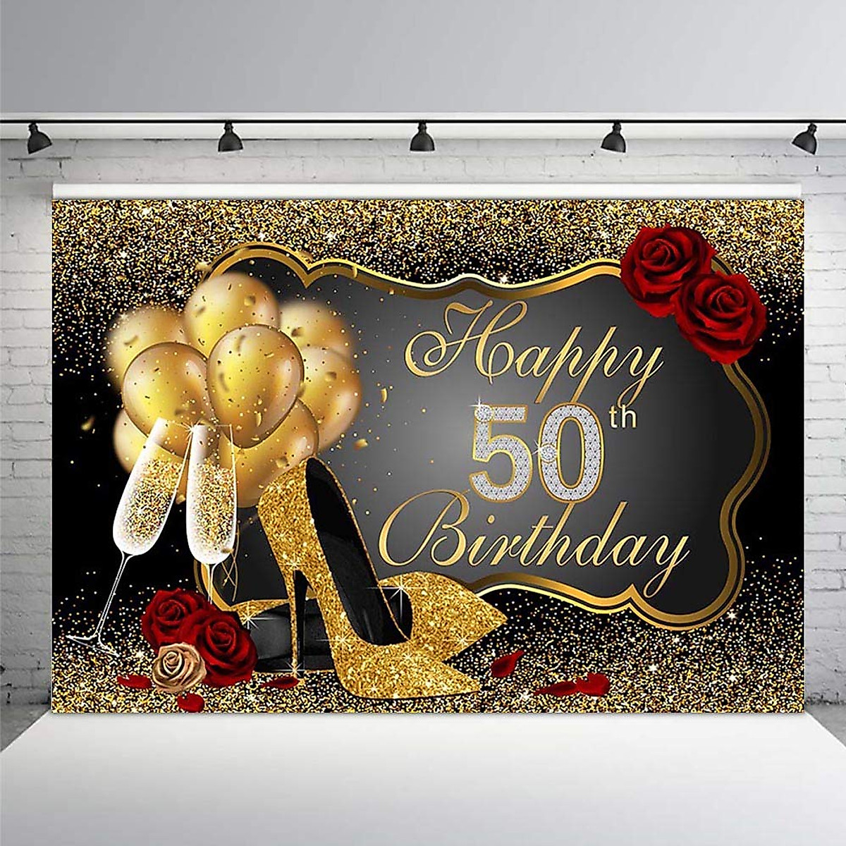 MEHOFOTO Photo Background Shining Sequin Black Gold High Heels Champagne Woman Red Rose Balloons 50th Happy Birthday Party Banner Backdrops for Photography 8x6ft