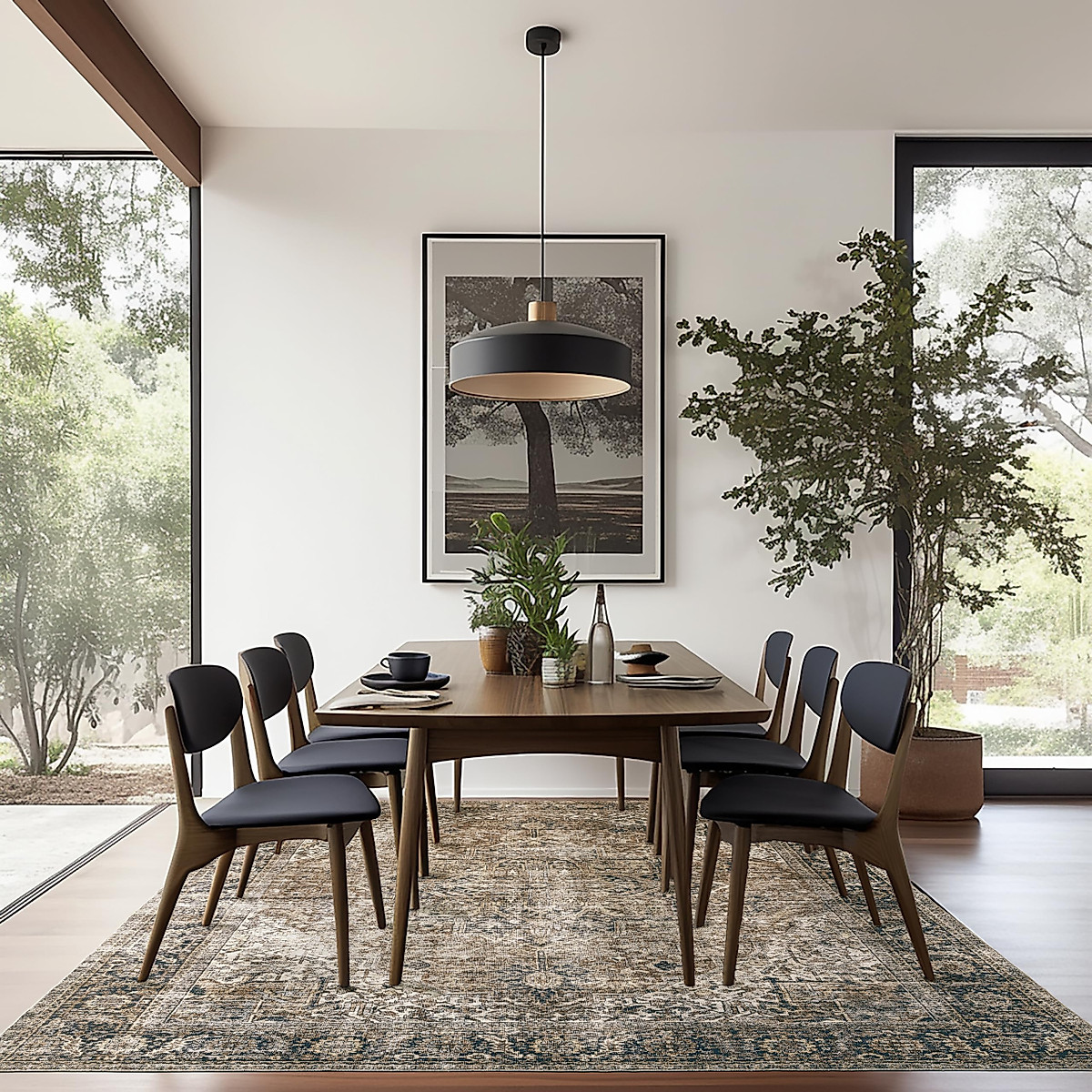 BILEEHOME Brown Rug for Living Room 8x10 Washable Organic Rustic Western Area Rugs for Cabin,Brown and Teal Blue