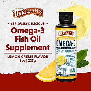 Barlean's Lemon Crème Omega 3 Fish Oil Liquid Supplement, 1080mg of Omega 3 EPA & DHA Fatty Acid, Smoothie Flavored & Burpless for Brain, Joint, & Heart Health, 8 oz