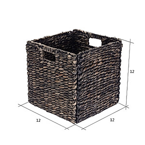 Villacera 12-Inch Square Handmade Wicker Storage Bin, Foldable Baskets made of Water Hyacinth in Black | Set of 2
