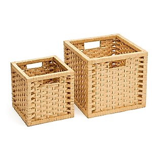 Wicker Basket with Built-In Handle, Handmade Square Wicker Basket for Shelf, Paper Wicker Cube Storage Bins for Book/Magazine/Blanket/Toy/Snack, Set of 2, Small and Large, 11.8 * 11.8 * 11.2 Inch