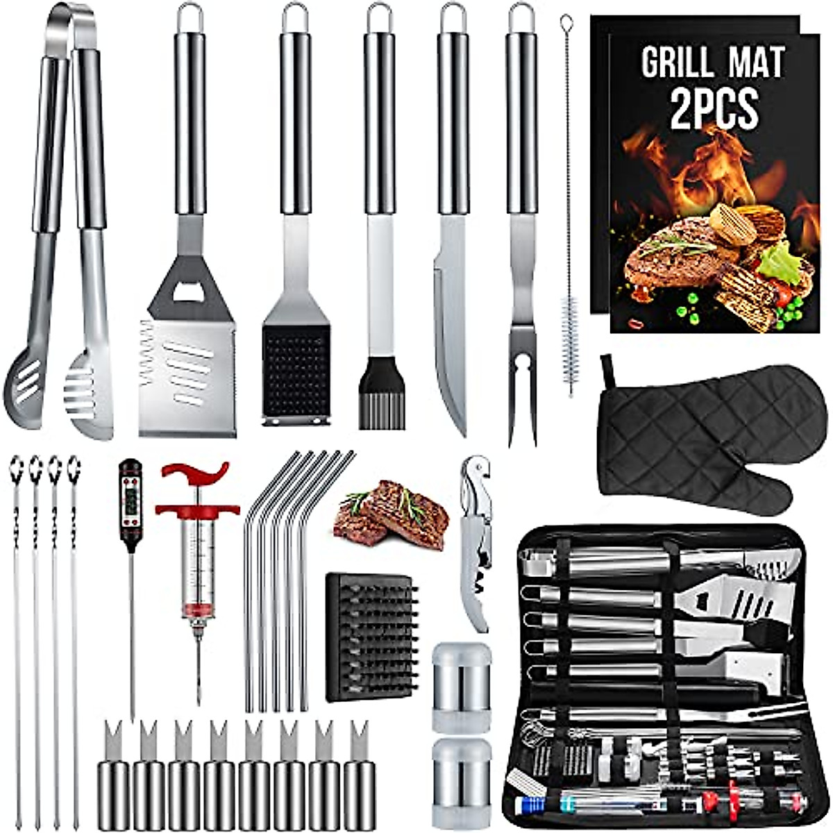 HUSSAR 34PCS BBQ Grill Tools Set Stainless Steel Grilling Accessories with Spatula, Tongs, Skewers for Barbecue, Camping, Kitchen, Complete Premium Grill Utensils Set in Storage Bag, Silver, (BTS-34)