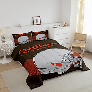 American Football City Comforter Set Football Player Bedding Queen for Kids Girls Boys American Football Helmet Bed Comforter Set Football Sports Duvet Insert Bedroom Decor, Brown Orange(Cleveland)