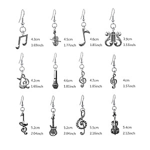 WUWEIJIAJIA 12 Pairs Lightweight Handmade Vintage Silver Music Note Dangle Drop Earrings Sets Musical Instrument Guitar Violin Earrings for Women Music Lover (Silver)