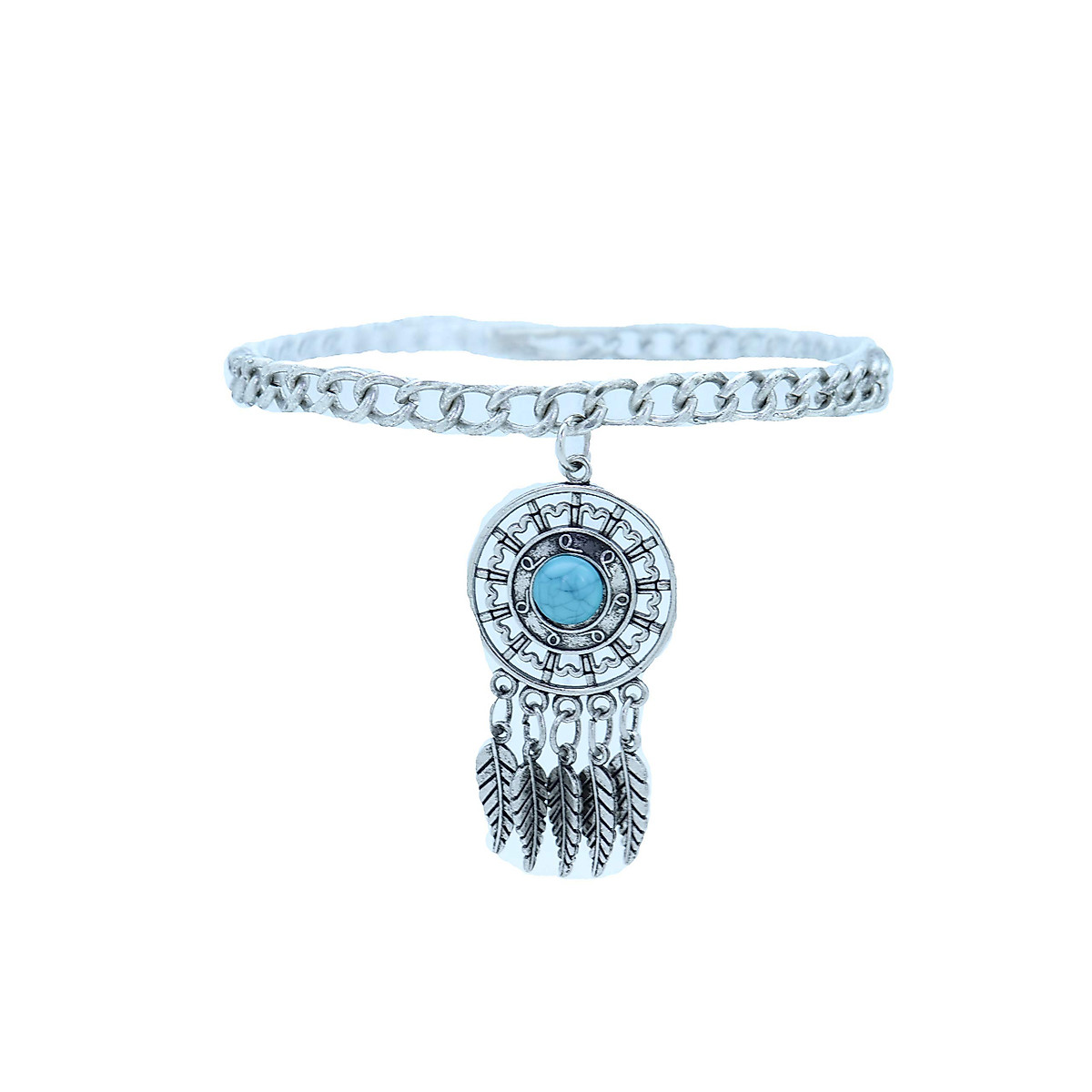 TFJ Women Western Fashion Jewelry Boot Bracelet Silver Metal Chain Shoe Native Style Feather Charm Turquoise Blue