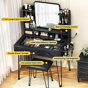 TC-HOMENY Makeup Desk Glass Top, Vanity Desk Dressing Table with Hair Tool Holder and Charging Station, 2 Drawers & Open Shelves Dresser Desk and Cushioned Stool Set