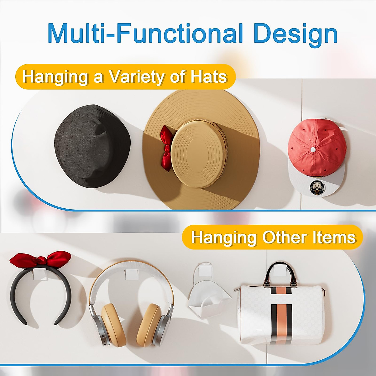 Yeeriroon 24 Pack Adhesive Hat Rack for Wall, Hat Organizer for Baseball Caps, Strong Multi-Purpose Hat Hooks, Hat Holder Hanger on Wall, Door, Closet, No Drilling (White)