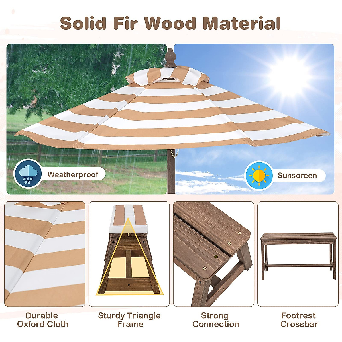 HONEY JOY Kids Picnic Table, Outdoor Wooden Table & Bench Set w/Removable Cushions and Umbrella, Stripe Fabric, Children Backyard Furniture for Patio Garden, Gift for Toddler Boys Girls Age 3+(Coffee)