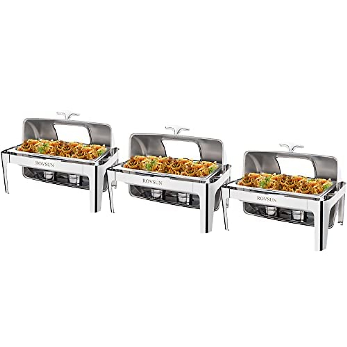 ROVSUN 9Qt 3 Packs Roll Top Chafing Dish Buffet Set, Stainless Steel Chafers for Catering, Rectangular Buffet Servers and Warmers Set with Glass Window for Parties, Banquet, Wedding, Full Size
