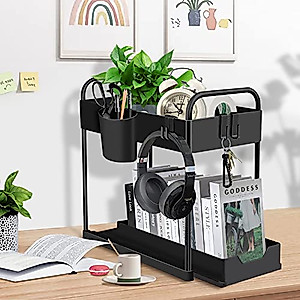 Under Sink Organizer, Sliding Cabinet Basket Organizer 2 Tier Under Bathroom Organizer with Hooks, Hanging Cup, Multi-purpose Under Sink Organization and Storage for Bathroom Kitchen