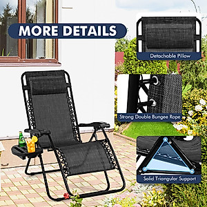 Giantex Zero Gravity Reclining Chair, Outdoor Patio Recliner with Cup Holder & Removable Pillow, Adjustable Backrest, Indoor Lounge Chair for Backyard, Garden, Poolside (Gray)