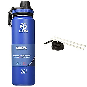 Takeya Originals Vacuum Insulated Stainless Steel Water Bottle, 24 Ounce, Navy & Actives Straw Lid for Insulated Water Bottle, Wide Mouth, Onyx