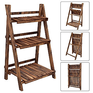 Yaheetech Folding Plant Stand Wooden Foldable Plant Shelf 3-Tier Flower Pot Stand Plants Display Shelf Rack Ladder Garden Indoors Outdoors 23.6 x 15 x 36.6in