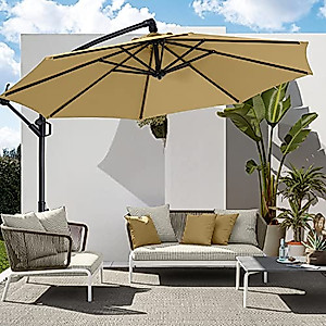 ABCCANOPY 10FT Cantilever Umbrella Offset Patio Umbrellas，Hanging Patio umbrella With Cross Base & Crank,Outdoor Umbrella for Garden,Deck,Pool,Yard (Khaki)