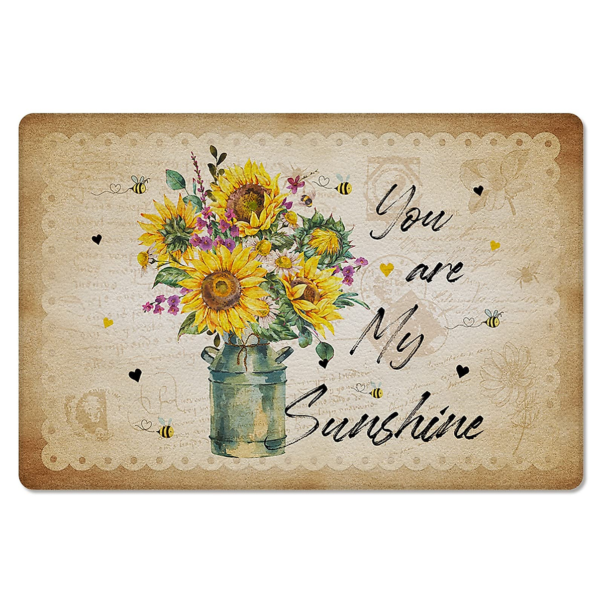 Sunflower Antifatigue Kitchen Bath Door Mat Cushioned Runner Rug,Washable Welcome Floor Sink Mat,Retro Letter Stamp Bee Sunshine Flower Waterproof Non-Slip Comfort Standing Doormat for Kitchen,20"x39"