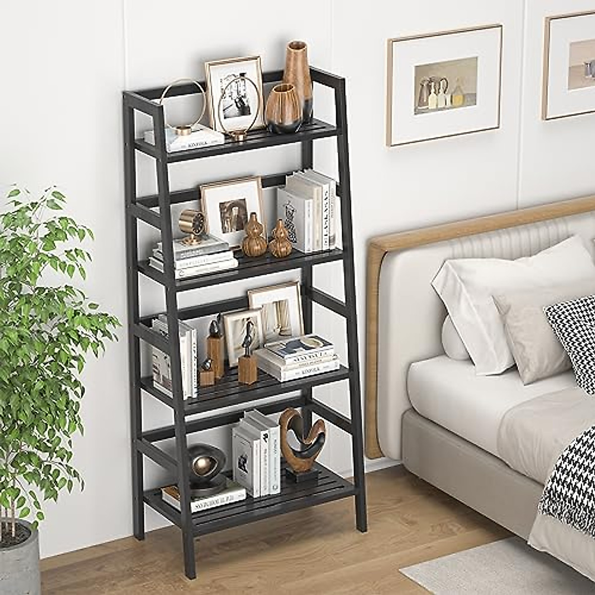 Homykic 4-Tier Black Bookshelf Ladder Shelf, Bamboo 49.2” Open Book Shelf Bookcase Ladder Shelves Freestanding Bathroom Storage Shelf Unit Plant Stand for Living Room, Bedroom, Office, Easy Assembly