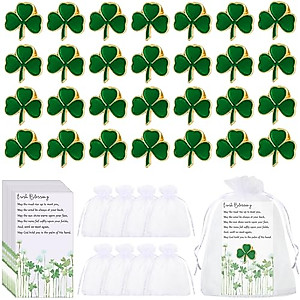 Inbagi Clover Lapel Pins Shamrock Pins Brooches Good Luck Three Leaf Pins with Blessing Cards and Organza Gift Bags Christmas Team Gifts Wedding Gifts Birthday Gifts Student Teacher