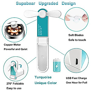 Supabear Personal Handheld Fan, Mini Portable Pocket Fan, Small Travel Eyelash Fans USB Rechargeable for Home Sports Outdoor Travel, 2 Speed Powerful Wind (Turquoise)