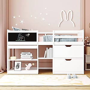 Harper & Bright Designs Twin Size Low Loft Bed with Storage Shelves and Drawers, Wooden Twin Size Loft Bed with Rolling Desk and Chalkboard, for Kids Teens Girls Boys - White