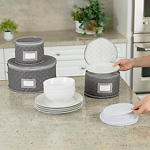 China Storage Case - Salad Plate Quilted Case - 10 inches Diameter x 6 inches Height - Gray - Includes 12 Felt Separators