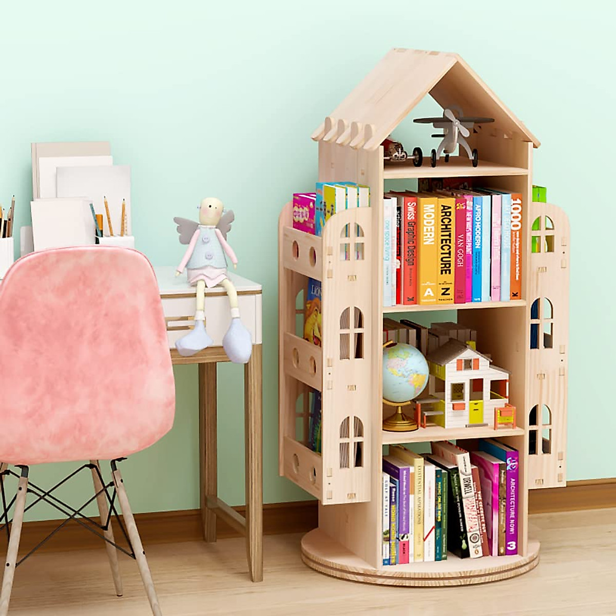 Bear Qiaqia Rotating Bookshelf, Kids Bookshelf, 360 Display Floor Standing Bookcase Storage Rack Children's Bookshelf, Wood Storage Organizer for Kids