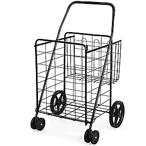 Goplus Jumbo Folding Shopping Cart with Rolling Swivel Wheels, Foldable Grocery Cart on Wheels with Double Basket, Heavy Duty Utility Cart, Shopping Carts for Groceries Laundry Book Luggage Travel