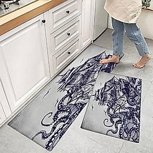 Kitchen Mats for Floor, Nautical Theme Octopus Sea Monster Kitchen Rugs, Kitchen Organization Anti-Fatigue Kitchen Mat, Kitchen Decor Runner Rug Room Decor Standing Desk Mats