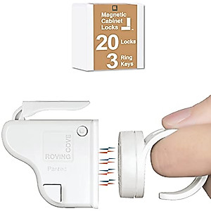 Cabinet Locks for Babies Magnetic (20 Locks 3 Ring Keys) - RovingCove Child Proof Cabinet Latches and Drawer Locks, Child Safety and Baby Proofing Locks, 3M Adhesive Pre-Taped, Ivory White