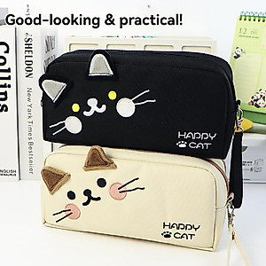 KGJGFX Doubel Layer Large Capacity Pencil Case with Embroidered Cats Grid Compartment of Pen Slots in Black & White Pen Holders Pen Pouch (Beige Cat with 3 Layers)
