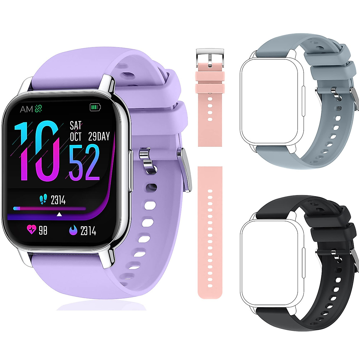 Popglory Smart Watch for Women & Men, 1.85'' Call Receive/Dial Smartwatch, Fitness Tracker with Blood Pressure/SpO2/Heart Rate Monitor, Fitness Watch with 4 Straps for iOS & Android Phones