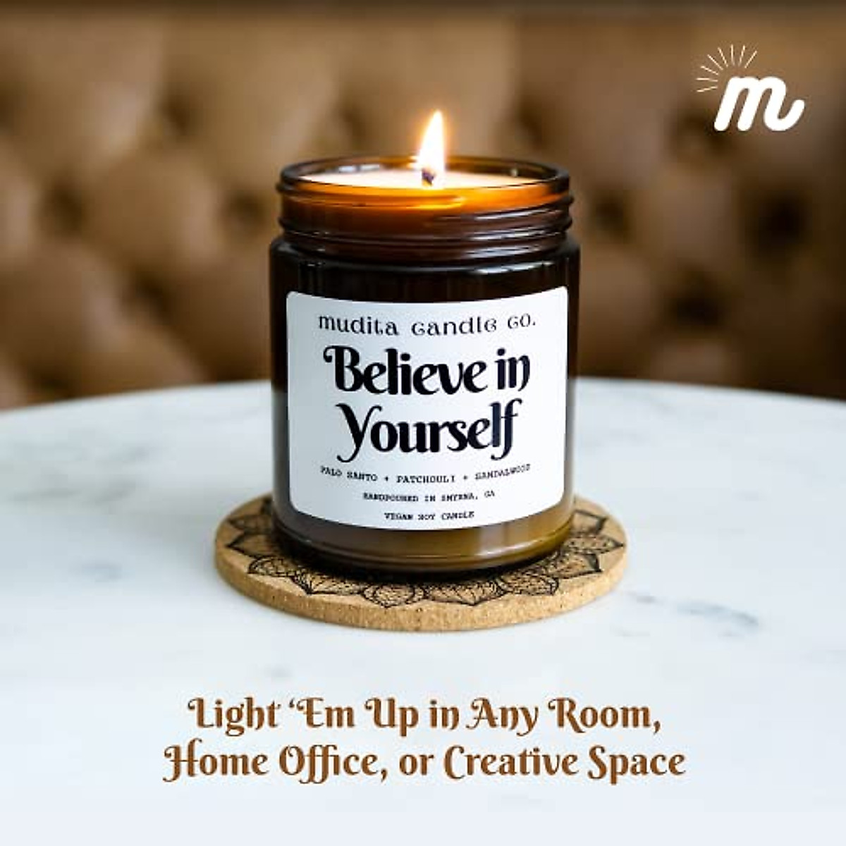 All Natural Vegan Soy Candles - Aromatherapy Candles for Home, Bathroom, Office - 70-80 Hours Long Burning Luxury Candle - Palo Santo, Patchouli, Sandalwood Scent by Mudita - Believe in Yourself