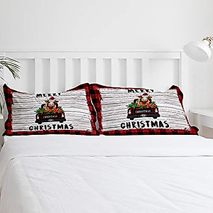 Duvet Cover Queen Size, 4 Pieces Comforter Cover Set, Merry Christmas Truck Carrying Cows on Wood Grain Red Lattice Border Soft Bedding Sets - 1 Queen Duvet Cover, 1 Bed Sheet and 2 Pillowcases