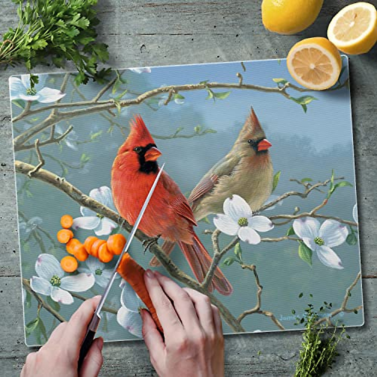 CounterArt Beautiful Songbirds Cardinal 3mm Heat Tolerant Tempered Glass Cutting Board 15” x 12” Manufactured in the USA Dishwasher Safe