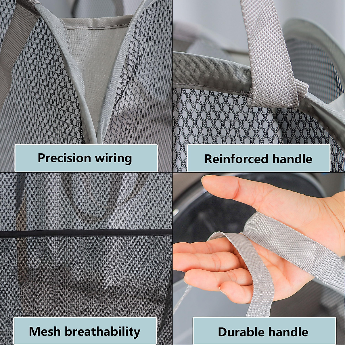 2 Pack Mesh Laundry hamper,collapsible Laundry basket,Easy to Open and Fold for room storage,and Side Pockets Carry Handles for Kids Room,College Students Dorm or Travel (Light brown+Baby blue)