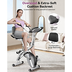 PLENY Folding Exercise Bike, Indoor Stationary Bike 16-Level Magnetic Resistance with Arm Resistance Band, Back Support Cushion Workout Bike for Home Workout Gym - Gray