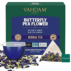 VAHDAM, Butterfly Pea Flower Tea Bags (40 Pyramid Tea Bags) Vegan, Non-GMO | Delicate & Earthy | Direct From Source - Plant Based Biodegradable Tea Bags | Brew Iced Tea, Cooking, Mocktails & Cocktails