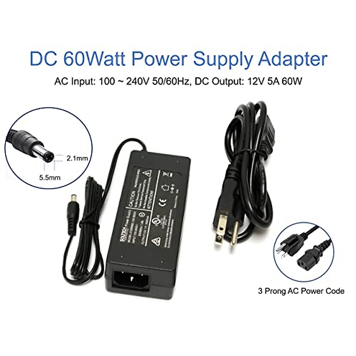 SOLTECH 12V 5A CCTV Adapter, Wisenet Compatible Security Camera Power Supply with 8-Way Splitter, AC DC Converter 100-240V to 12V 5A 60W Transformer, with Samsung Wisenet, Night Owl, Q-See, Black