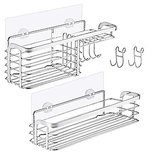 Lagute 2-Pack Shower Caddy, Combined Bathroom Shelf with Soap Dish and Hooks for Razor, Brush, Sponge, Shampoo, Wall Mounted Rustproof Deep Basket with Adhesive, No Drilling, SUS 304 Stainless Steel