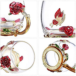Guon-Wuvl Handicraft Crystal Glass 3D Flower Cups Tea Mug With Tea Spoon Women Coffee, Tea, Juice, Beer, Milk Hot And Cold Drinks Use Gift Package. (Rose Red Coffee Cup, 12 OZ)