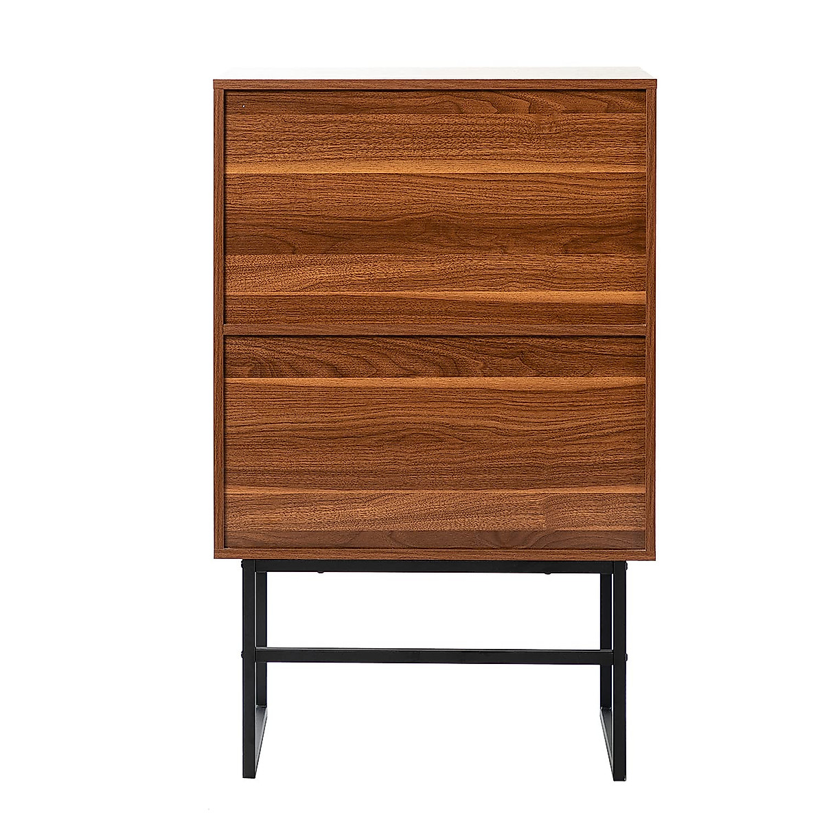 Voohek High 2 Rattan Doors, Interior Shelves and Black Metal Base, Sideboard w/Simulated Wood Patterns & Retro Knobs Elements On Surface Storage Cabinet, Walnut
