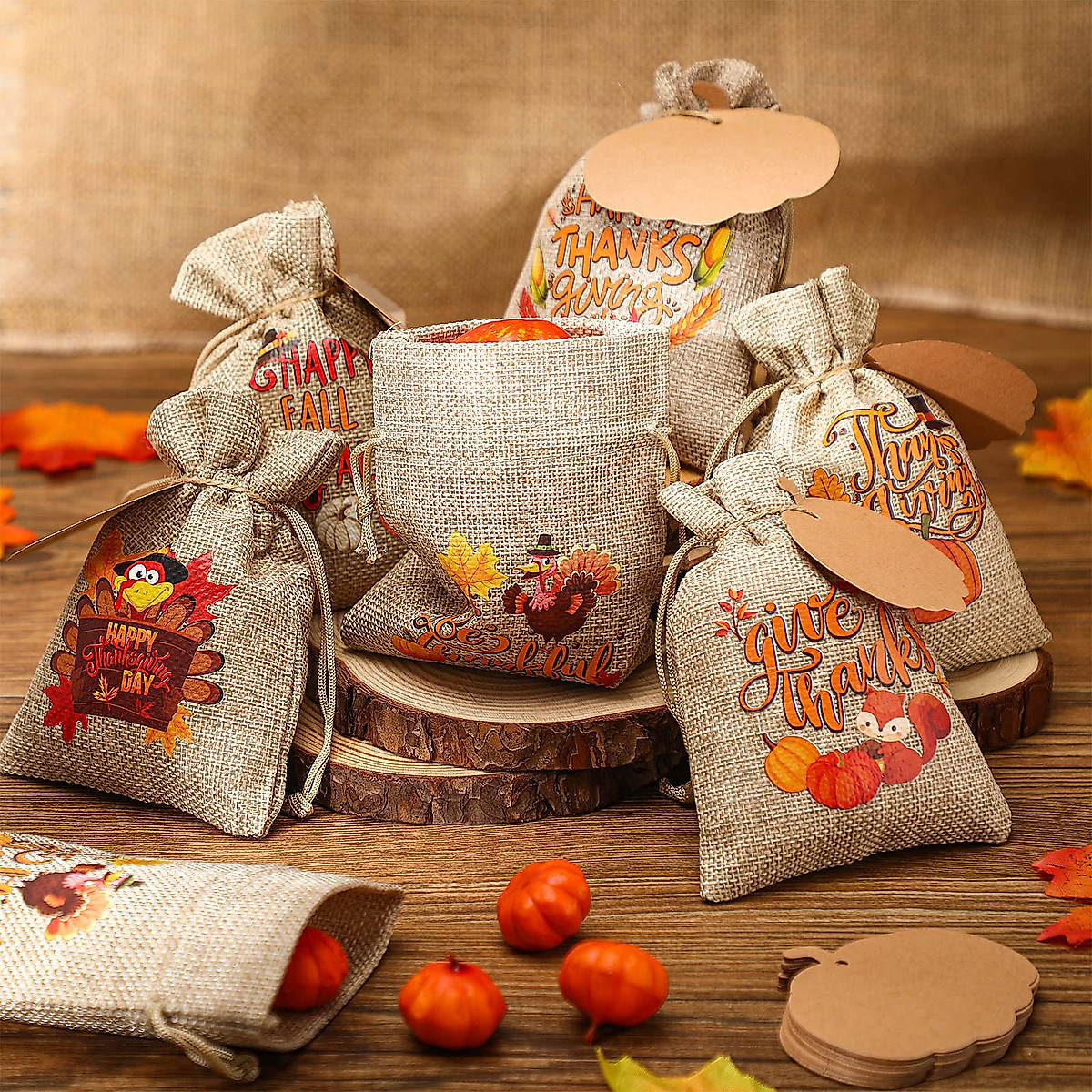 36 Pcs Thanksgiving Burlap Bags Thanksgiving Treat Goodies Bags Pumpkin Turkey Burlap Gift Bags with Drawstring Fall Candy Bags with Pumpkin Card Small Drawstring Pouch for Thanksgiving Fall Party
