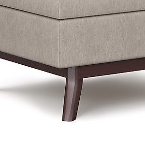SIMPLIHOME Owen 34 inch Wide Mid Century Modern Rectangle Coffee Table Storage Ottoman in Natural Linen Look Fabric, Assembled, for the Living Room, Entryway and Family Room
