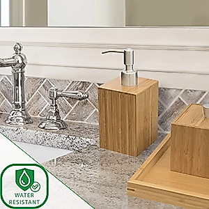 Seville Classics Bamboo Wood Bathroom Vanity Organizer Set with Soap Dispenser & Tooth Brush Trash Bin, Cotton Ball & Q-Tip Holder, Towel Tray, 5 Piece