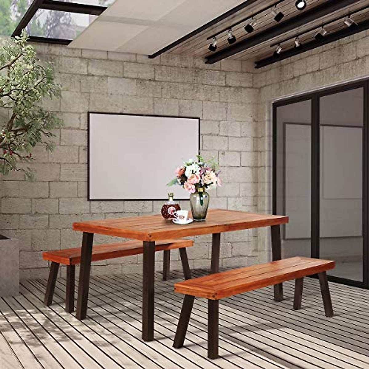 Giantex Patio Dining Table with Umbrella Hole, Outdoor Picnic Table for Backyard, Garden, Lawn, Farmhouse, Acacia Wood Rectangular Table with Metal Legs, Rustic Brown