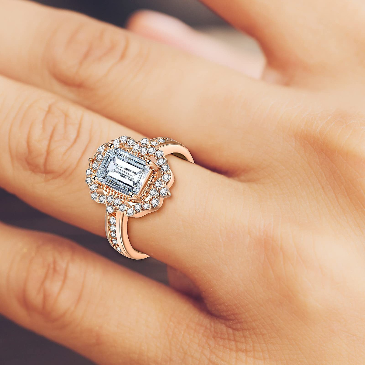 Women's Bling Simulated Diamond Ring Engagement Wedding Ring Fashion Zircon Statement Band Vintage Rings (Rose Gold, 8)