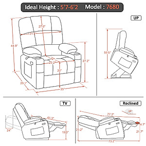 MCombo Dual Motor Power Lift Recliner Chair with Massage and Heat for Elderly People, Infinite Position, USB Ports, Cup Holders, Fabric 7680 (Large-Regular, Grey)