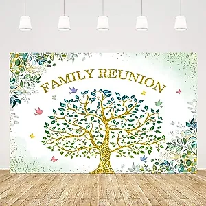 Wollmix Family Reunion Decorations Backdrop Banner Family Tree Leaves Members Welcome Signs Photography Background Gathering Gold and Green Supplies Photo Banner Booth Props 5x3ft