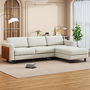 Favfurish Sectional, Convertible L-Shape Sofa Couch with Reversible Armrests,Solid Wood Frame,Chaise Longue,USB Function,for Living Room, Apartment,Studio,Cream White, 100