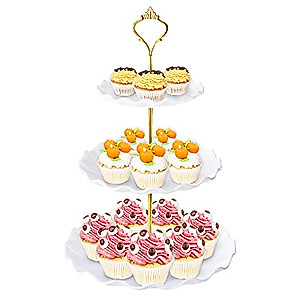 3 Tier Cupcake Stand Holder, BACUTHY Plastic Cup Cake Stand Tower with Tiered Serving Tray for Cupcakes, Donuts, Fruits and More, White